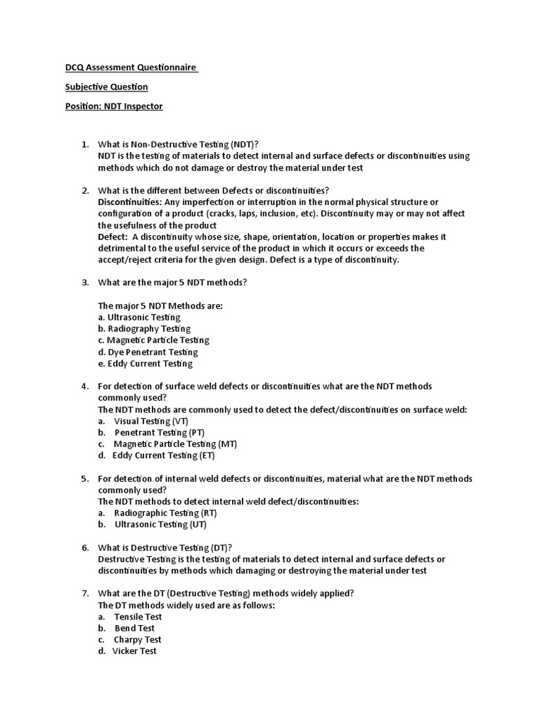 DCQ Assessment Questionnaire Subjective Question Position: NDT ...