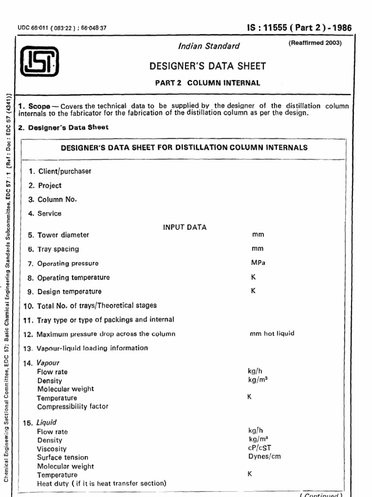 Designer's Data Sheet for Distillation Column Internals | PDF ...