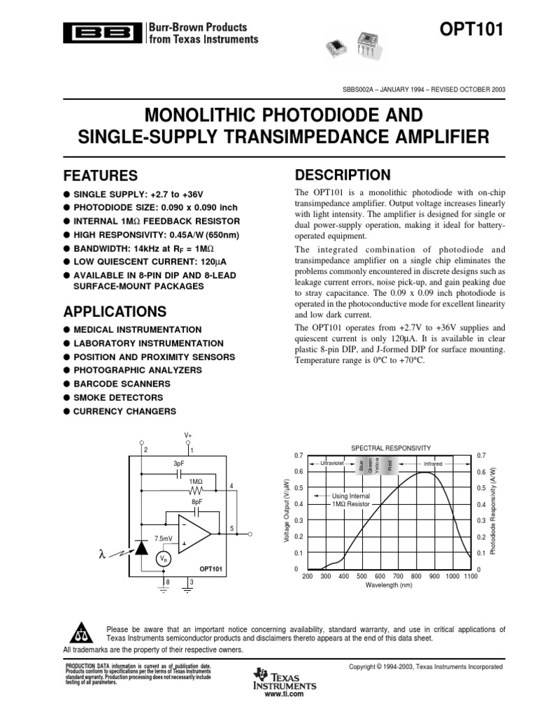 Opt 101 Photo Diode | PDF | Operational Amplifier | Amplifier