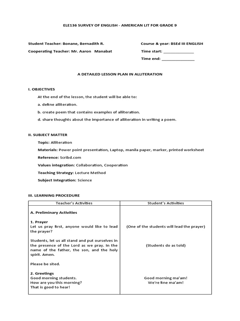 Alliteration Lesson Plan for Grade 9 | PDF