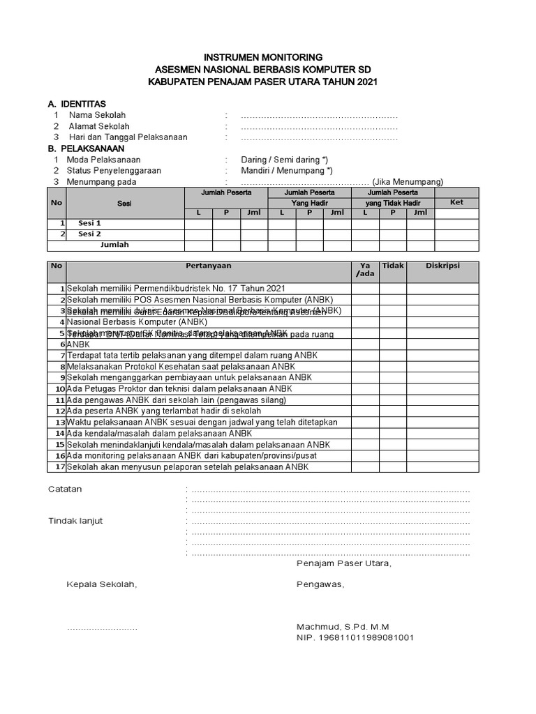 Instrumen Monitoring ANBK 2021 | PDF