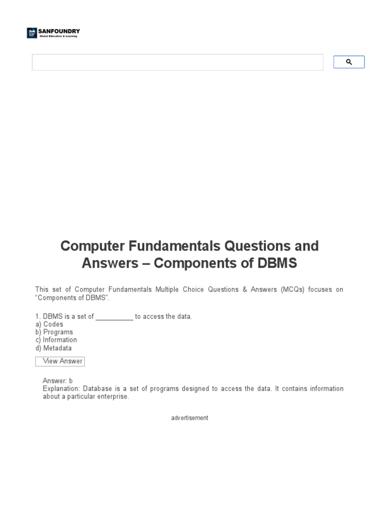 DBMS Components Questions and Answers - Sanfoundry | PDF | Databases | Relational Model