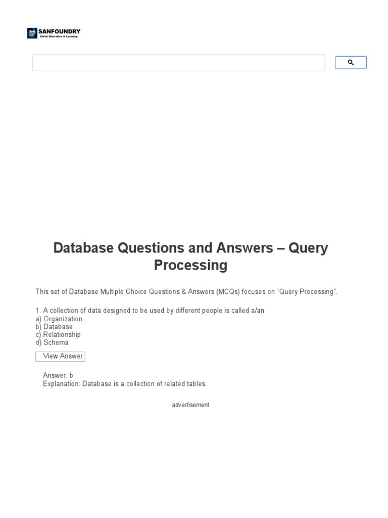Query Processing Database Questions And Answers Sanfoundry 00 Pdf Databases Database Design 