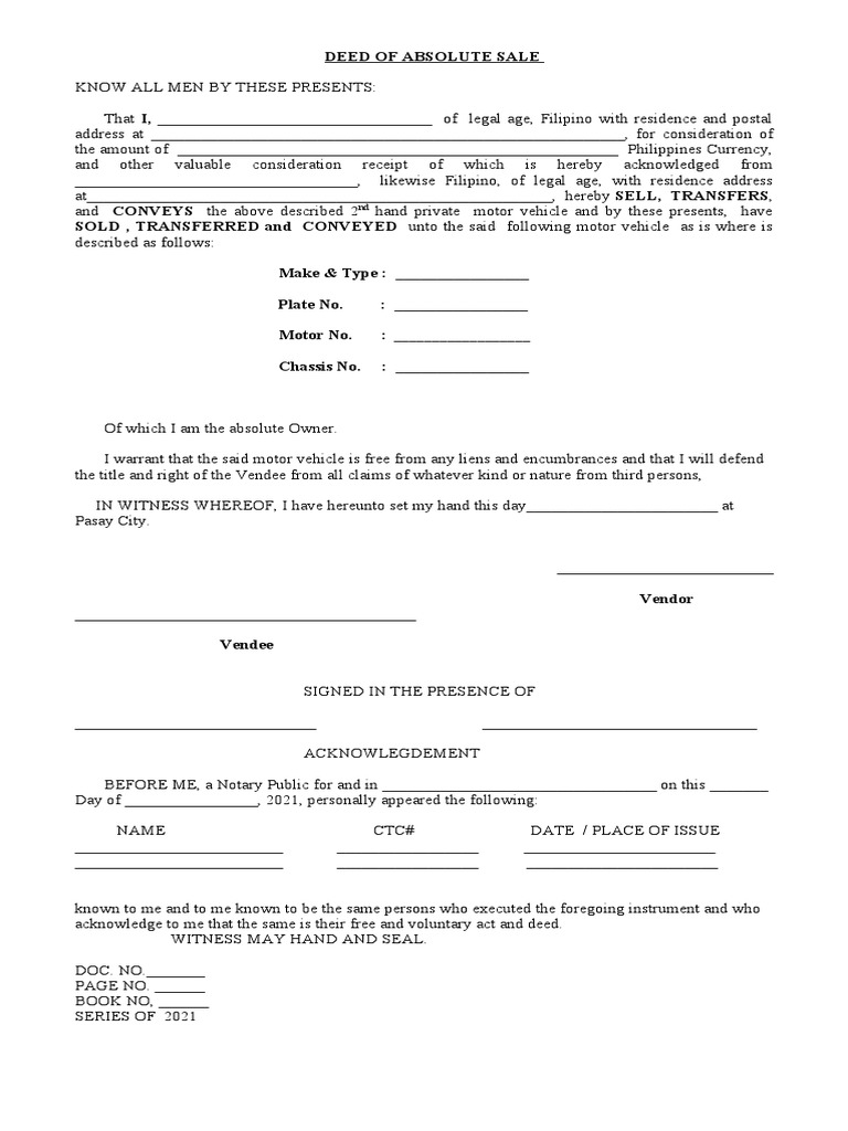DEED - OF - ABSOLUTE - SALE - Blank | PDF | Real Estate | Deed