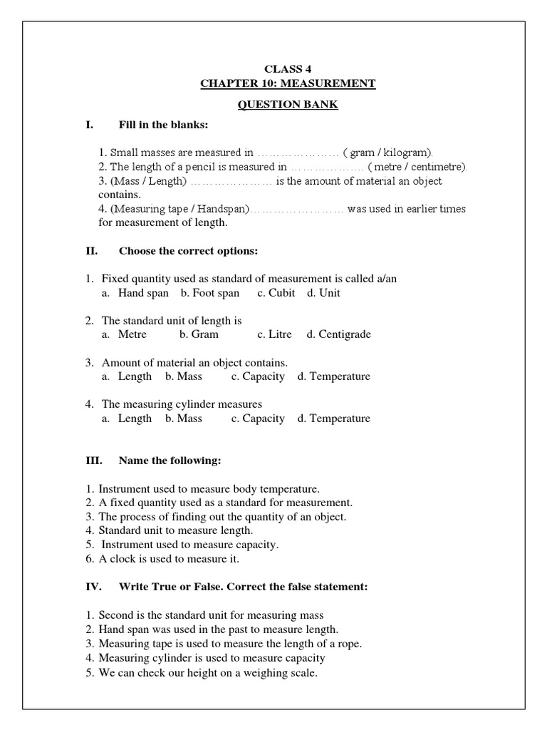 Class 4 Chapter 10: Measurement Question Bank I. Fill in The Blanks | PDF