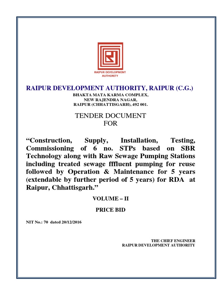 Tender Document FOR: Raipur Development Authority, Raipur (C.G.) | PDF | Sewage Treatment