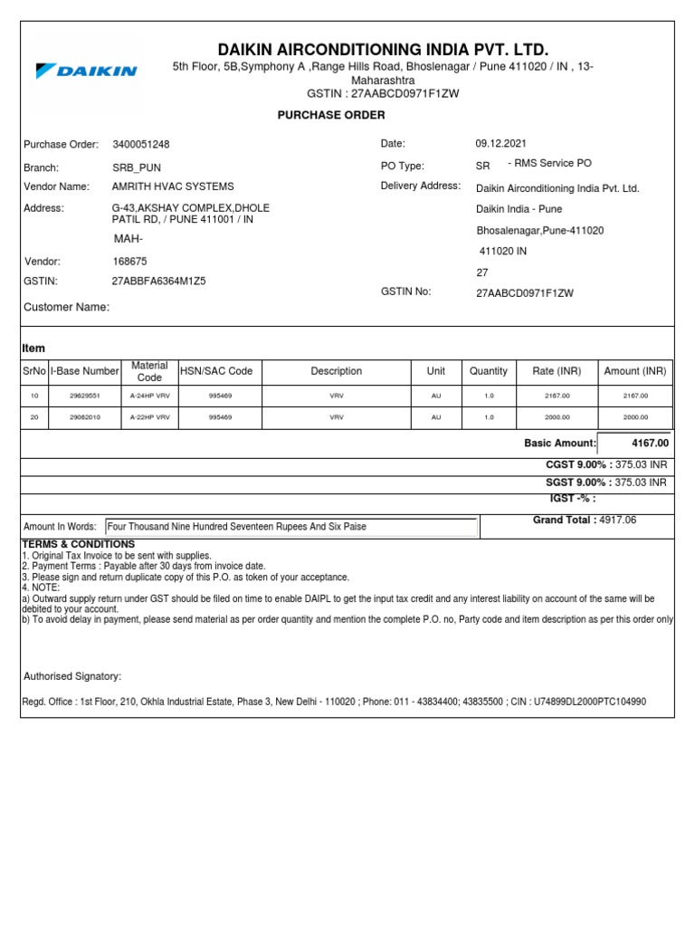 Purchase Order for VRV Air Conditioning Units from AMRITH HVAC SYSTEMS ...