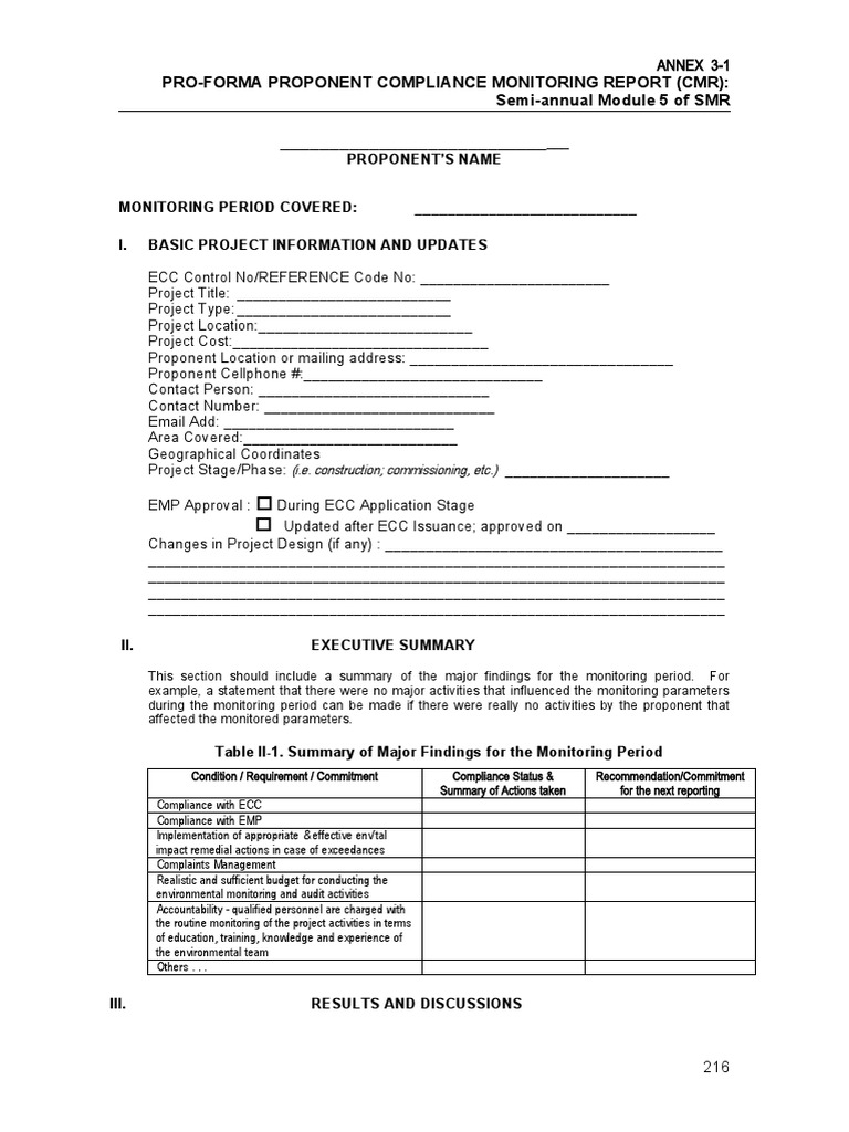 Pro-Forma Proponent Compliance Monitoring Report (CMR) : Semi-Annual ...