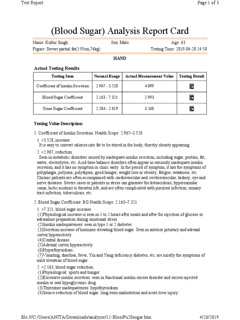 (Blood Sugar) Analysis Report Card: Actual Testing Results | PDF ...