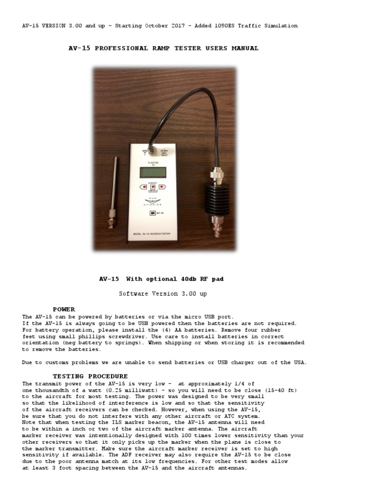 AV-15 Avionics Ramp Tester Manual | PDF | Transponder (Aeronautics) | Radio
