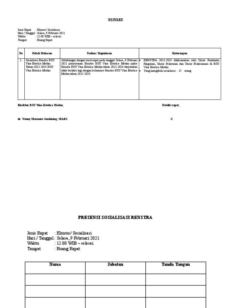 Notulen Sosialisasi Renstra Rs | PDF