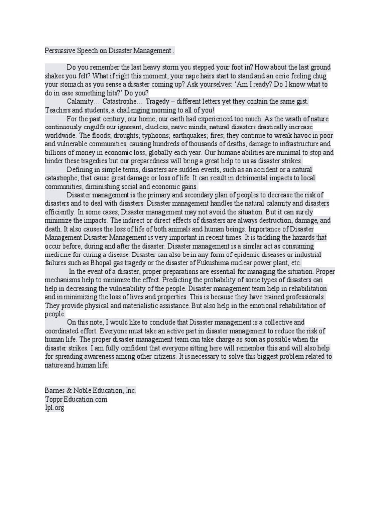 Persuasive Speech On Disaster Management | PDF | Emergency Management ...