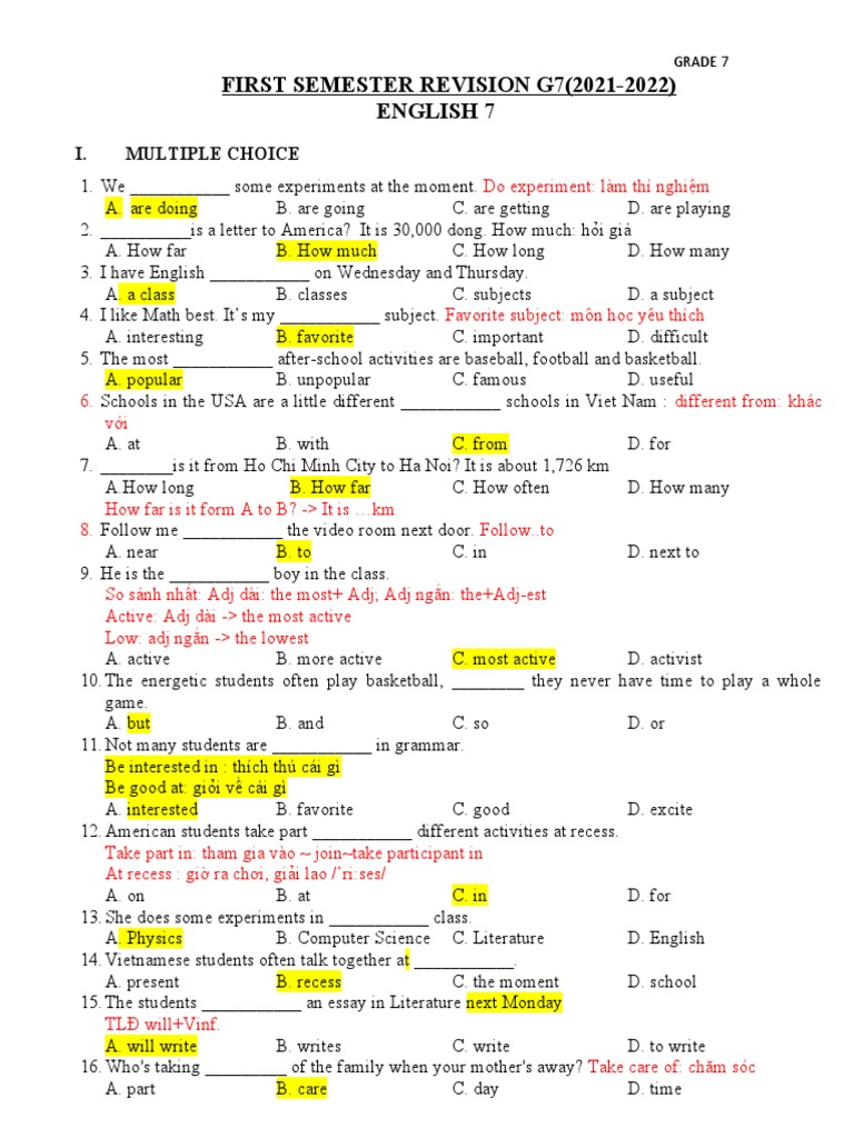 Revision HK1 Grade 7 2021 2022 Edited | PDF