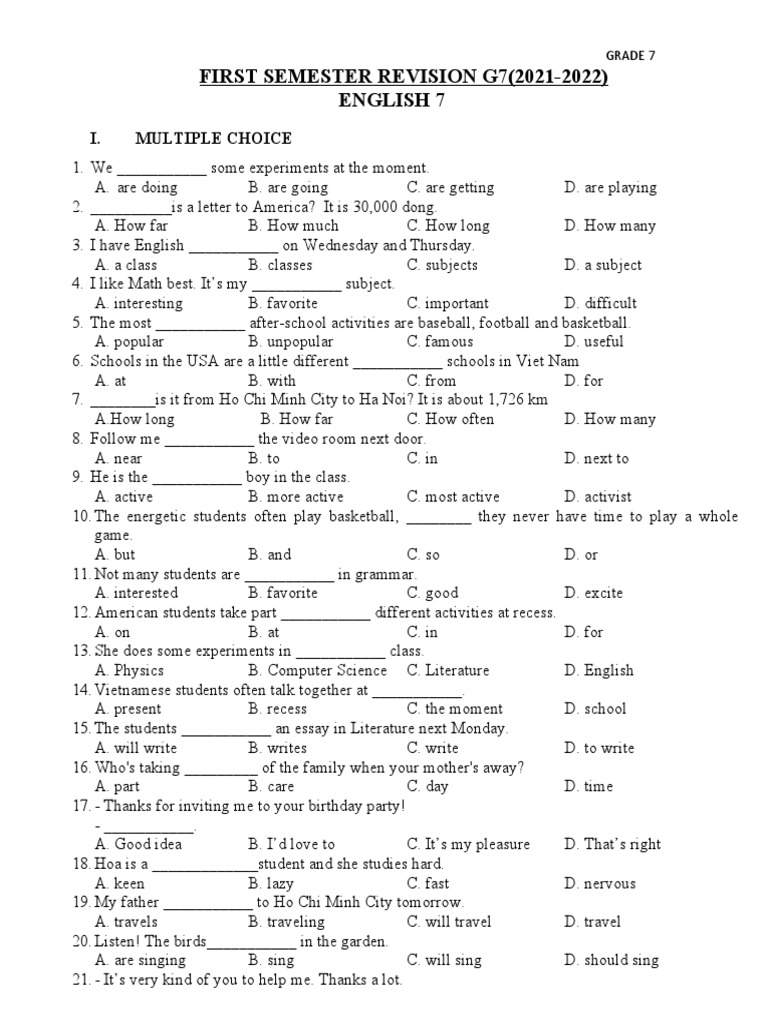 REvision Semester 1 Grade 7 2021 Key | PDF | Linguistics
