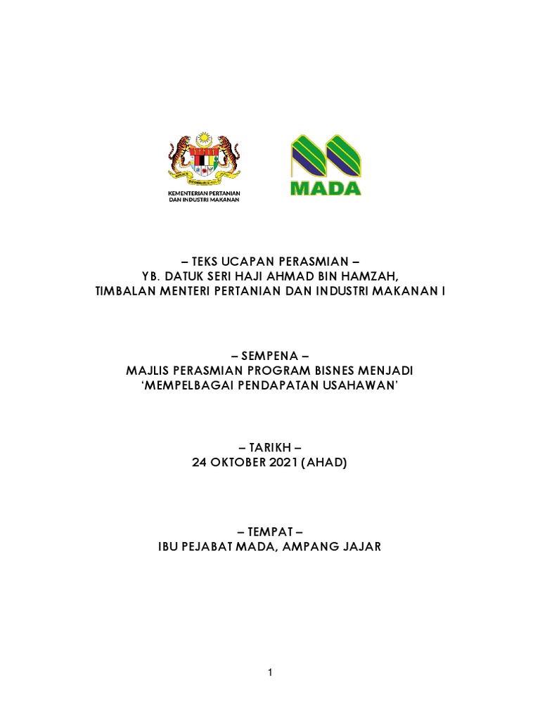 TEKS UCAPAN PERASMIAN - PROGRAM BISNES MENJADI 2.0-Min | PDF