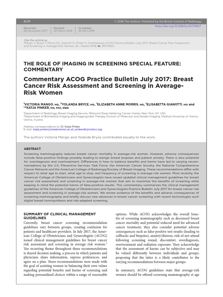 Acog Breast Ca Risk 2017 | PDF | Mammography | Screening (Medicine)