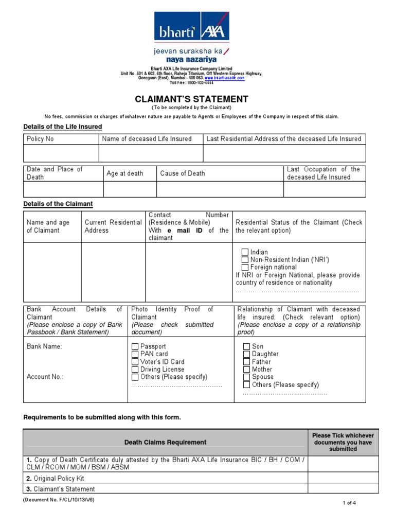 Death Claimant Statement | PDF