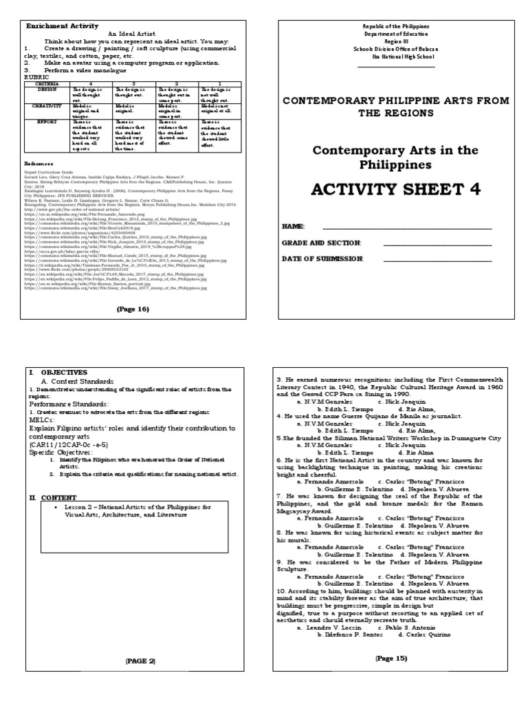 Activities on National Artists in Arts | PDF | Philippines | The Arts