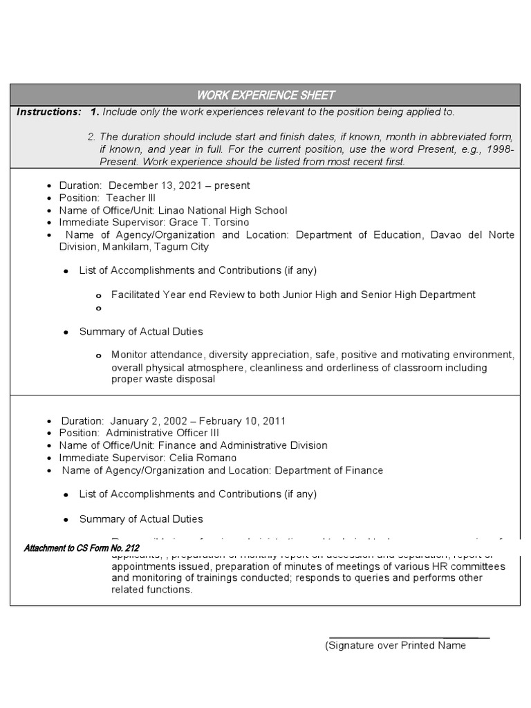 Cs Form No. 212 Attachment Work Experience Sheet | PDF