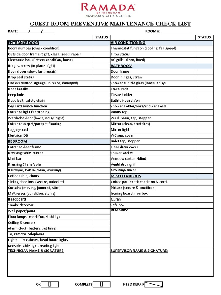 Guest Room PPM Check List | PDF | Door | Shower