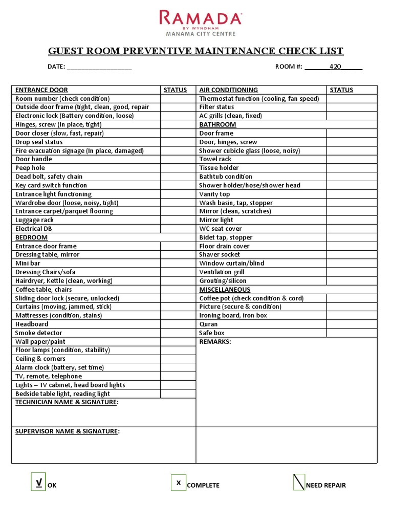Guest Room Preventive Maintenance Check List | PDF | Door | Shower