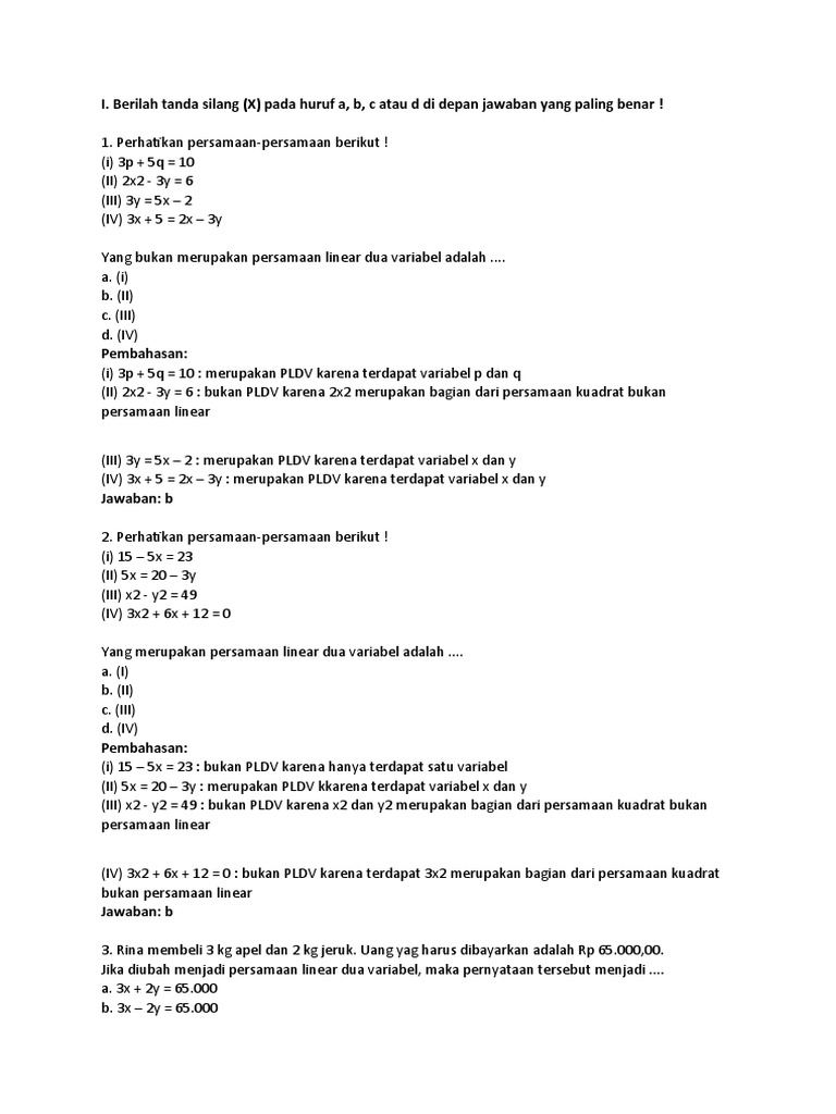 Kumpulan Soal Dan Pembahsan Persamaan Linear 2 Variabel | PDF