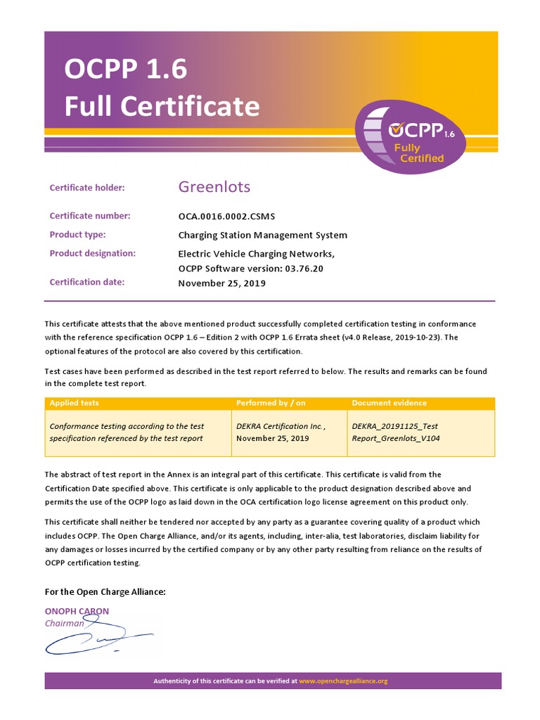 OCPP 1.6 Full Certificate: Greenlots | PDF | Computing