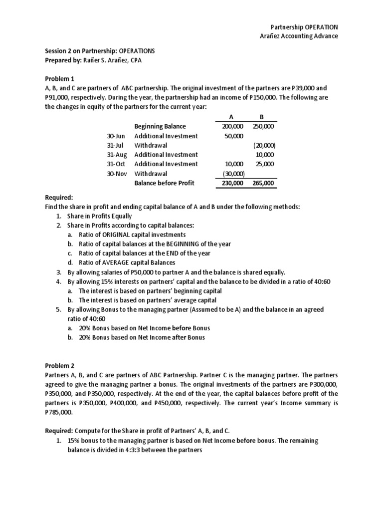 Session 2 On Partnership: OPERATIONS Prepared By: Rañer S. Arañez, CPA Problem 1 | PDF ...
