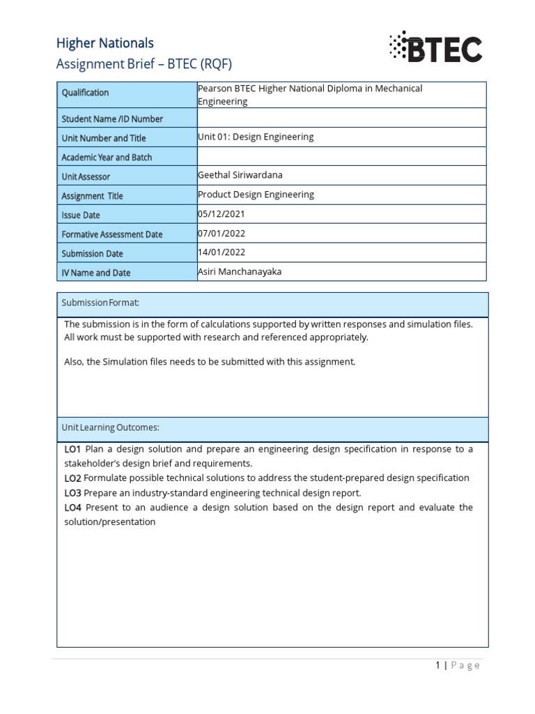 Higher Nationals Assignment Brief - BTEC (RQF) | PDF | Design | Engineering