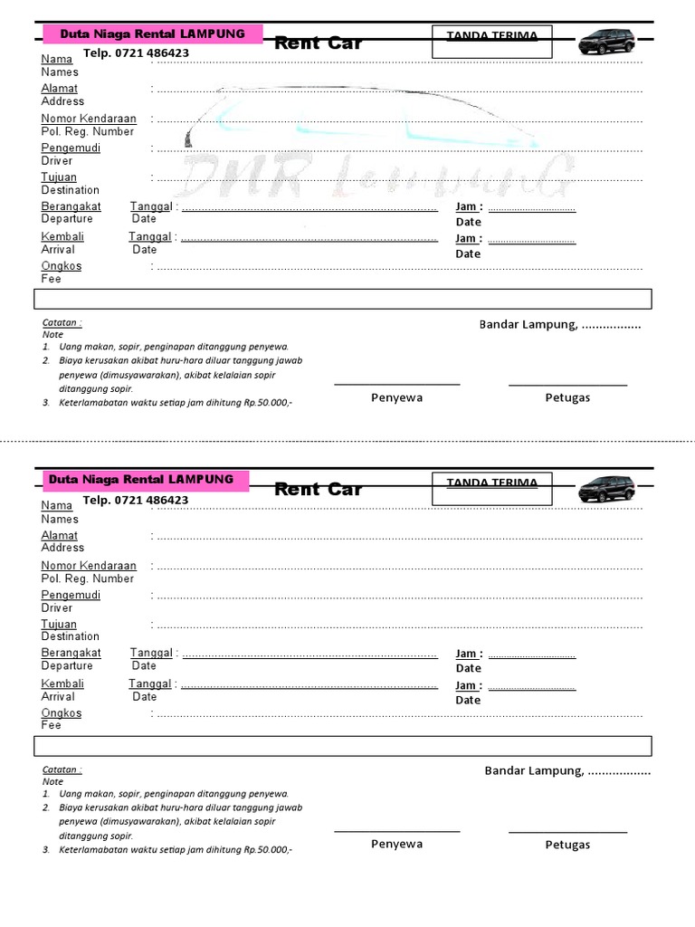 Contoh KWITANSI Rental Mobil | PDF