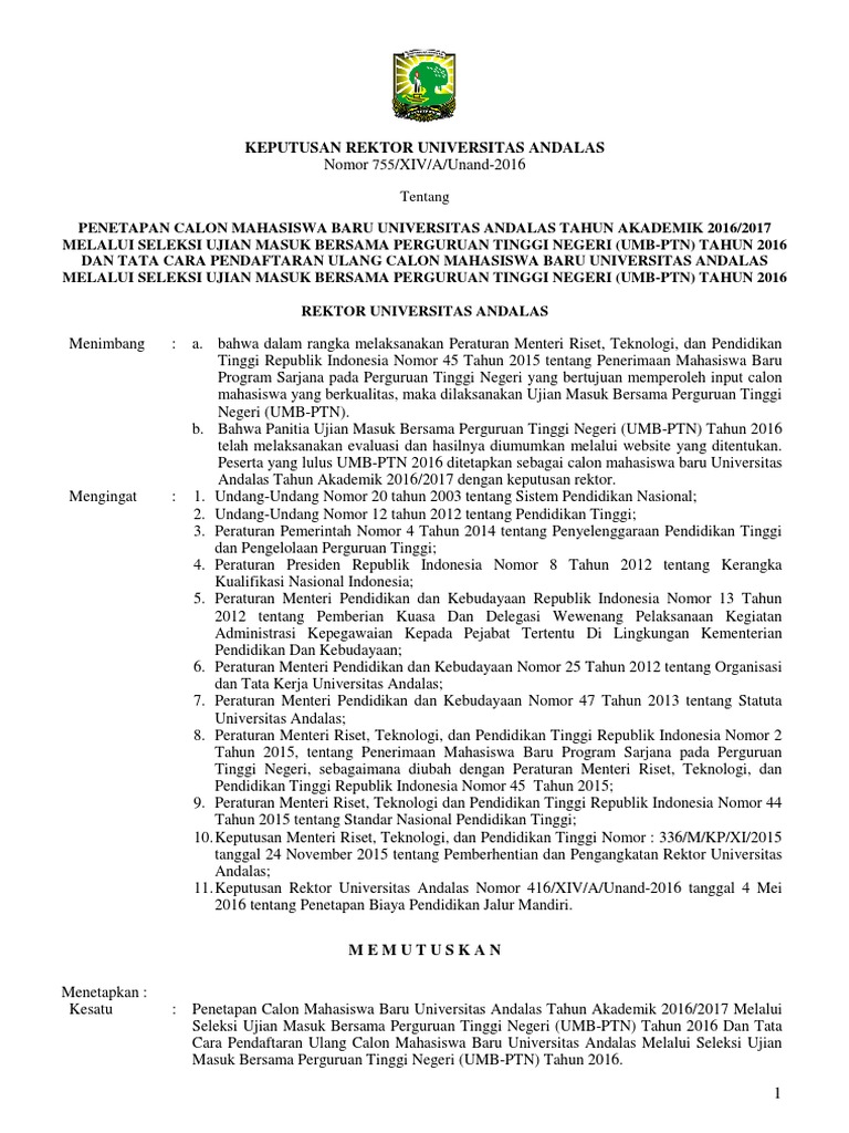 2016 - SK Penetapan Calon Mahasiswa Baru Melalui UMB-PTN 1 | PDF