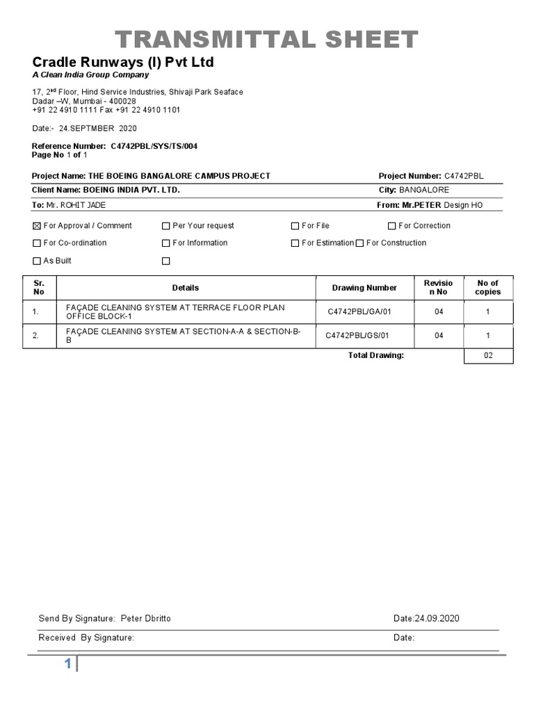 Transmittal Sheet: Cradle Runways (I) PVT LTD | PDF