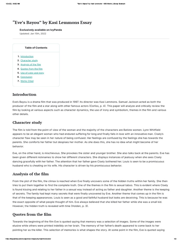 Eve's Bayou - by Kasi Lemmons - 650 Words - Essay Example | Download ...