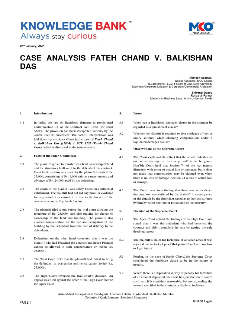 Case Analyzes Fateh Chand v. BalKishan Das | PDF | Damages | Breach Of Contract