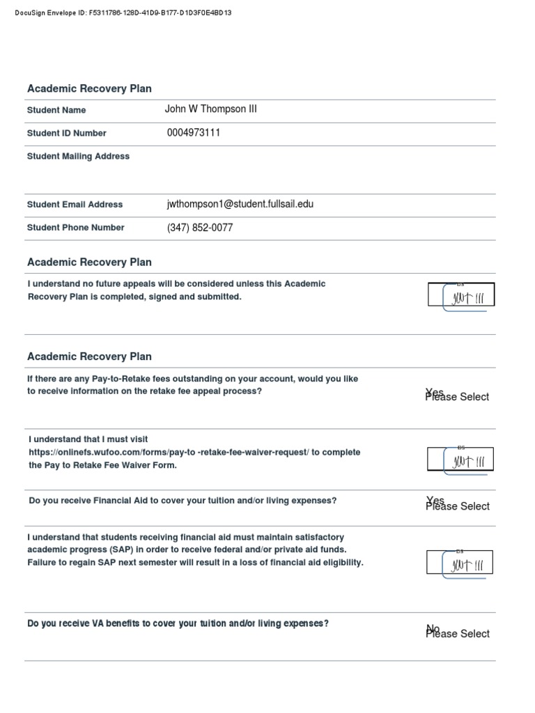 Academic Recovery Plan: John W Thompson III 0004973111 | PDF | Tuition ...