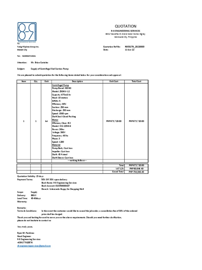 Supply of Centrifugal End Suction Pump: Quotation for Pump, Motor, and ...