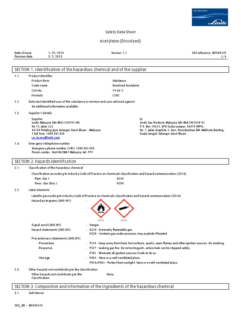 Acetylene (Dissolved) : Safety Data Sheet | PDF | Dangerous Goods ...