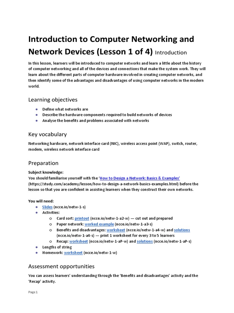 L1 Lesson Plan - Networks1 | PDF | Computer Network | Worksheet