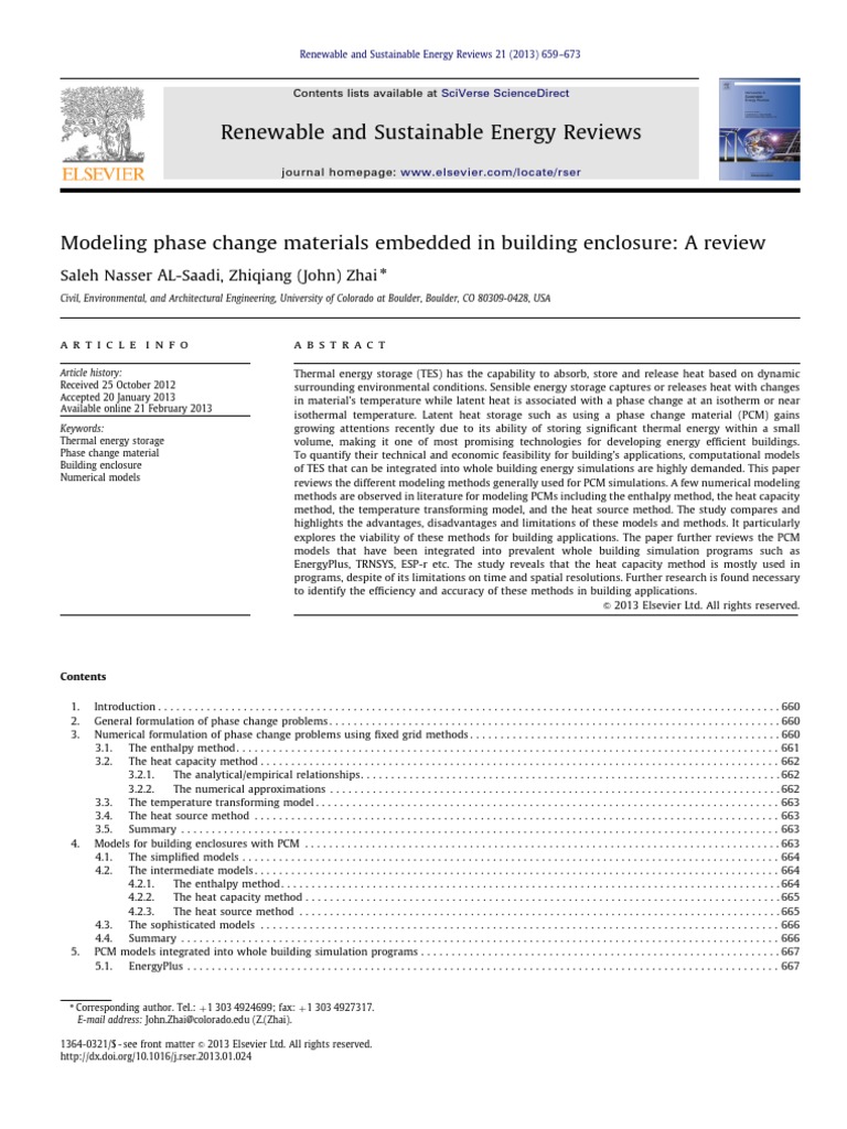 A Review of Modeling Methods for Simulating Phase Change Materials ...