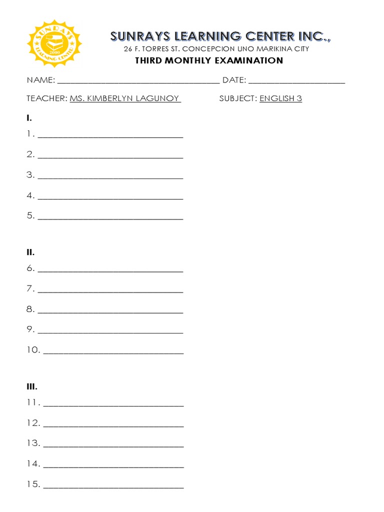 3rd Monthly Exam Answer Sheets Grade 3 | PDF | Evaluation Methods ...