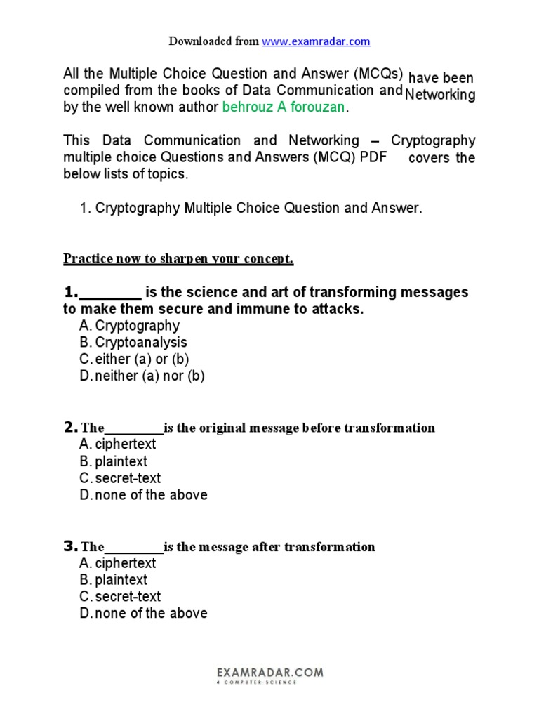 CH 30 Cryptography Multiple Choice Questions and Answers PDF | PDF | Cipher | Cryptography