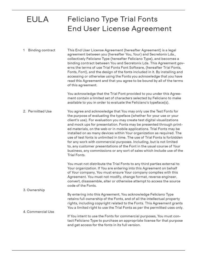 Feliciano Type Trial Fonts End User License Agreement | PDF | Typefaces | Computing
