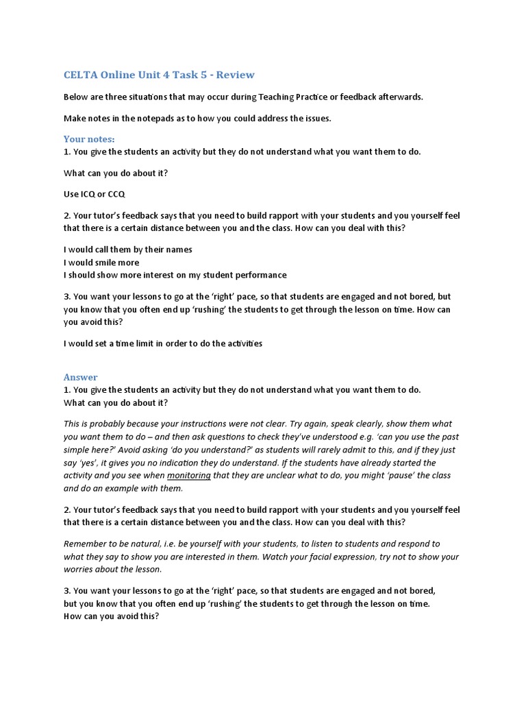 CELTA Online Unit 4 Task 5 - Review | PDF | Neuropsychological Assessment | Applied Psychology