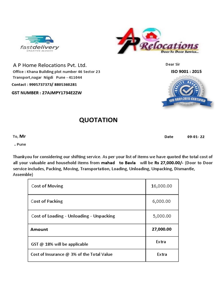 Quotation: A P Home Relocations Pvt. LTD | PDF | Insurance | Value ...