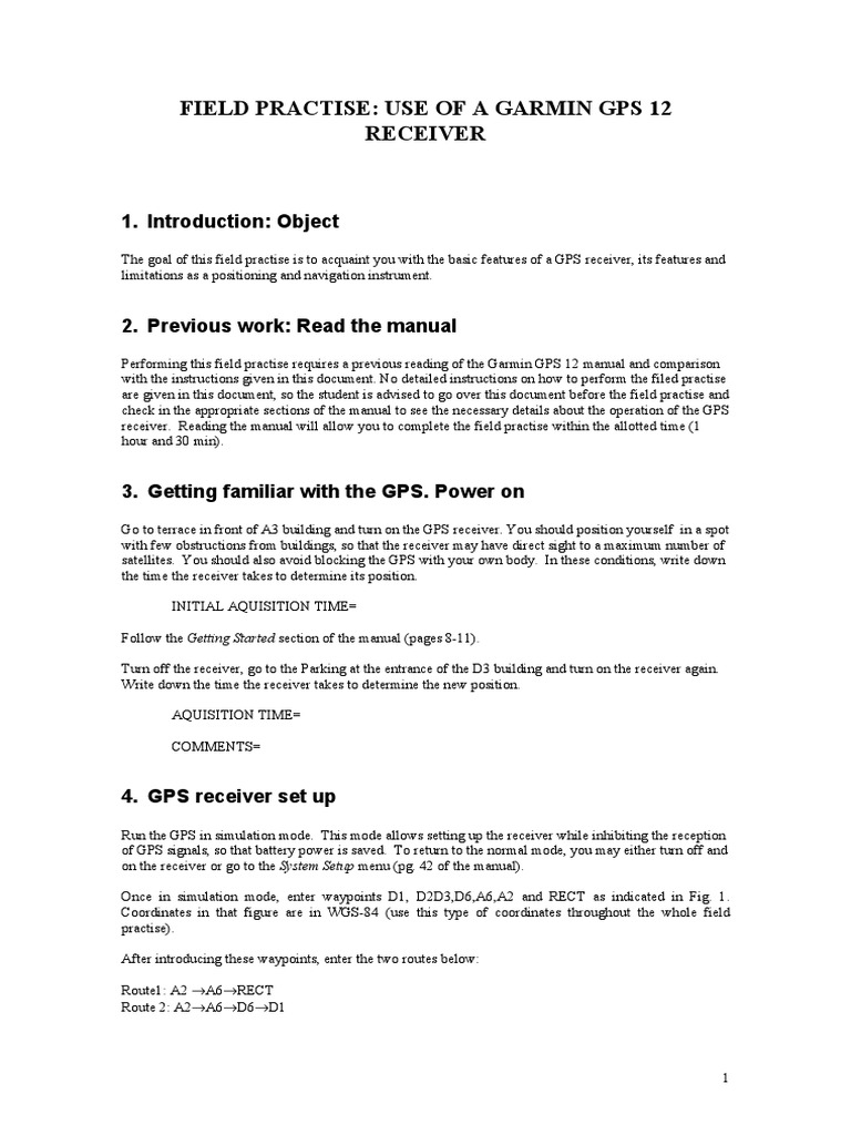 Field Practise: Use of A Garmin Gps 12 Receiver: 1. Introduction ...