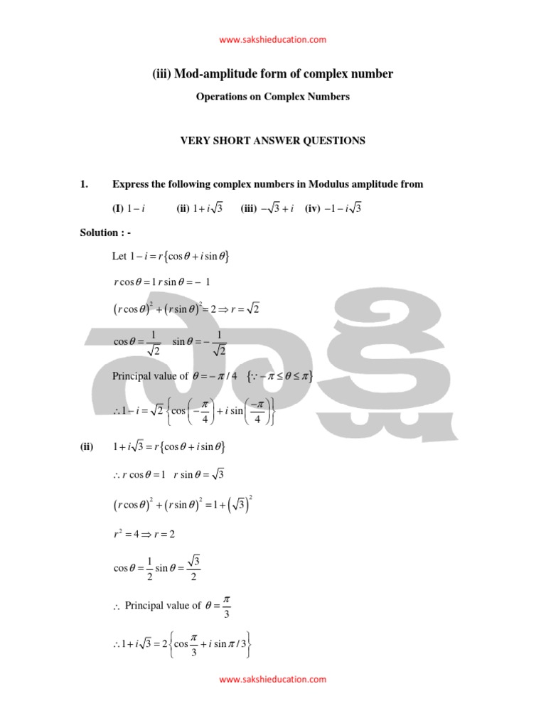 Complex Numbers: Modulus and Amplitude Solutions | PDF | Trigonometric ...