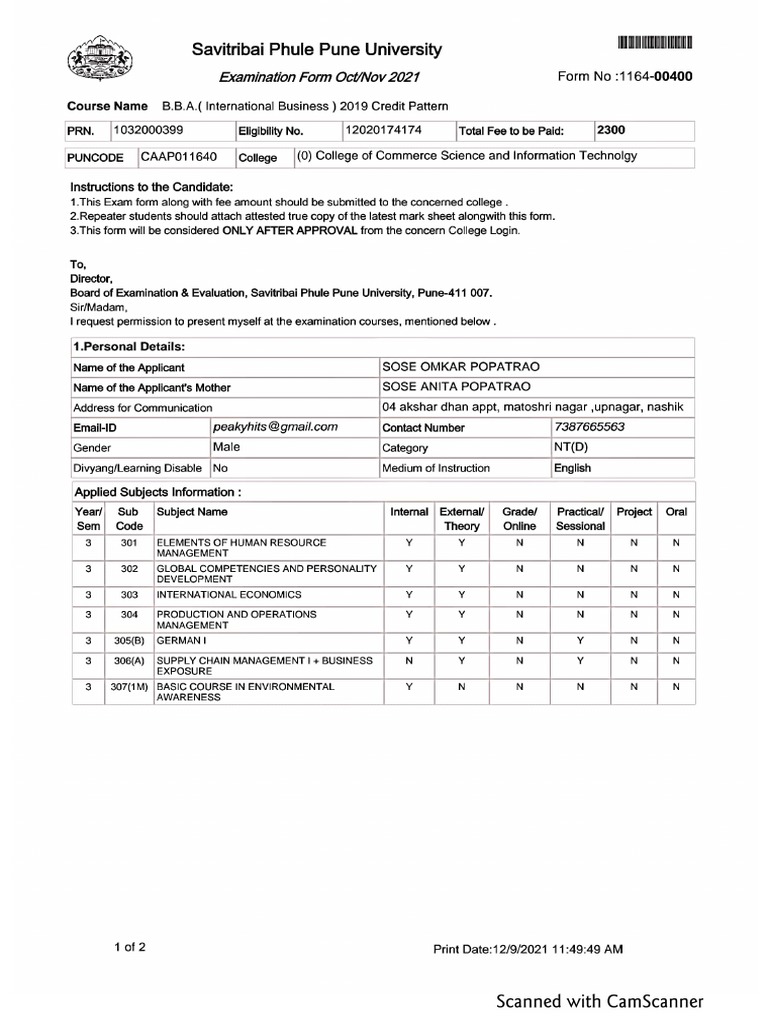 Exam Form. Omkar Sose. SY BBA IB | PDF