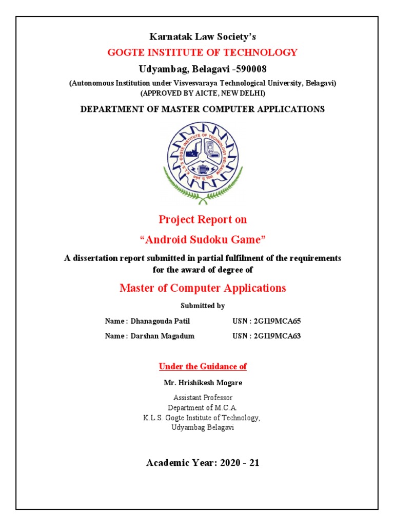 Project Report On "Android Sudoku Game": Gogte Institute of Technology | PDF | Computer ...