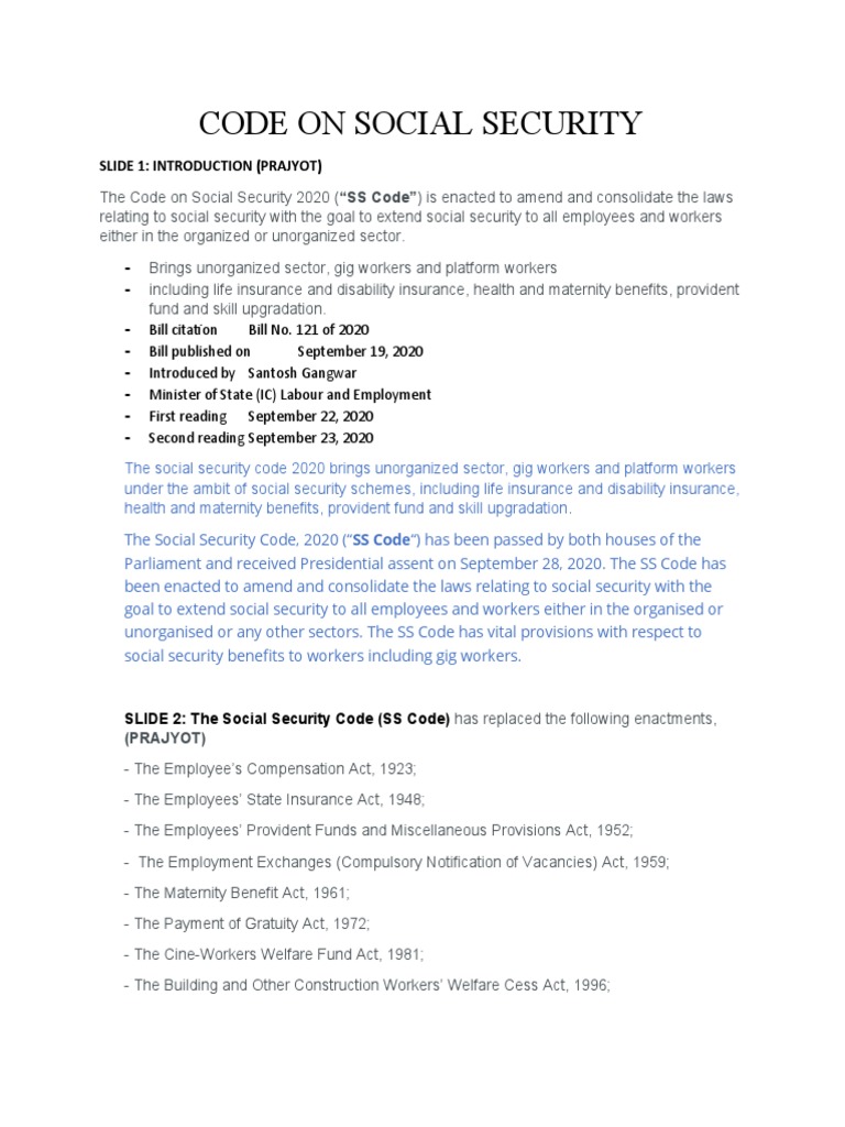 Code On Social Security | PDF | Employment | Welfare