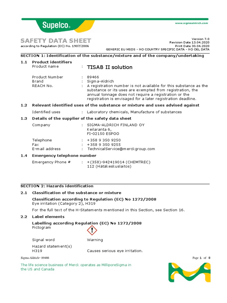 Safety Data Sheet: TISAB II Solution | PDF | Dangerous Goods | Toxicity